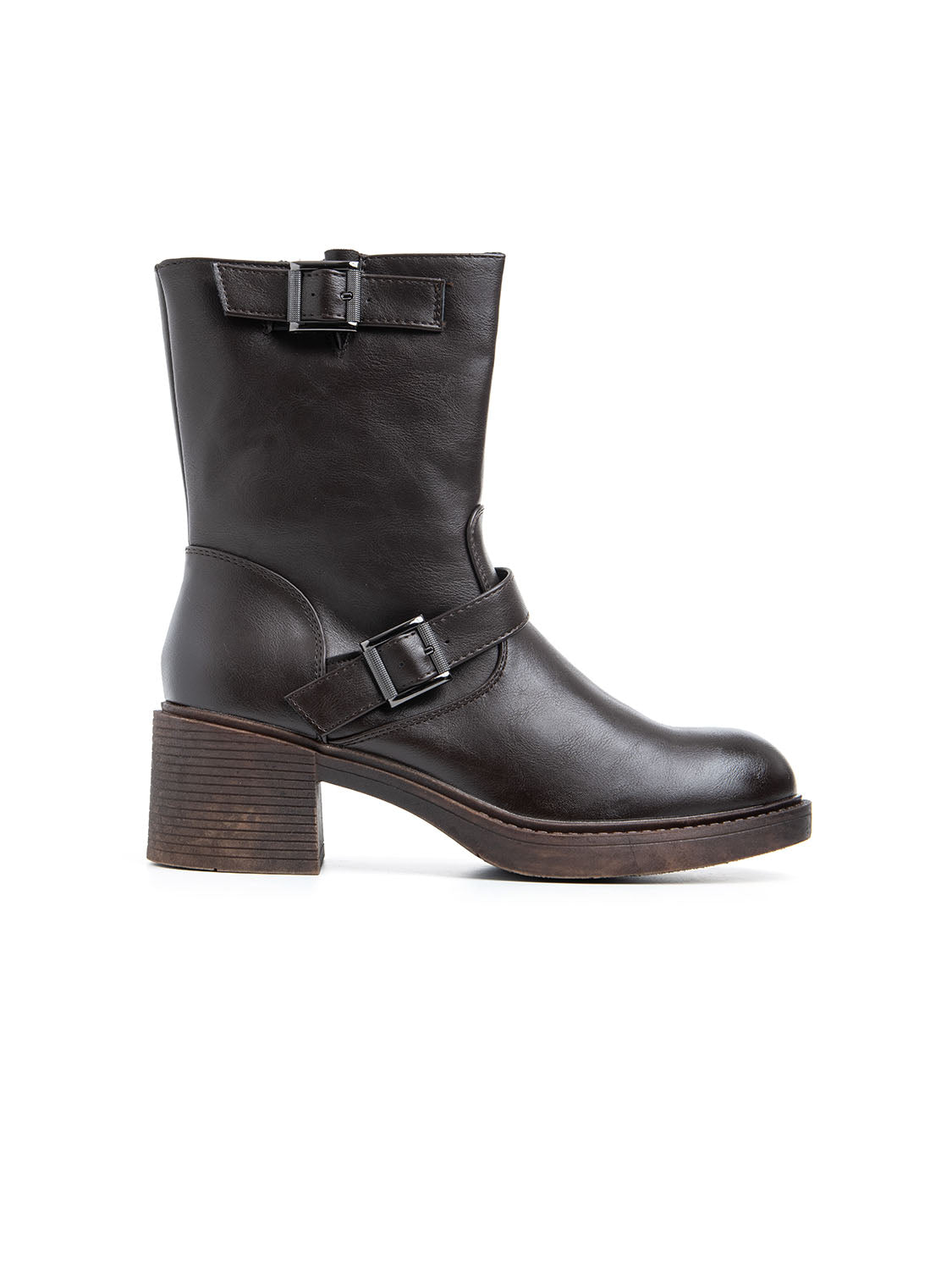 Double-buckle ankle boot with block heel - BROWN – Noga Shoes